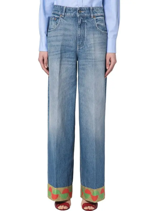 Valentino Garavani Washed Jeans With Jacquard Bottoms - Blue