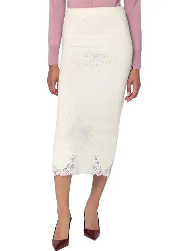 Giuseppe Di Morabito Knit Pencil Skirt With Lace And Rhinestone Embellishments - White