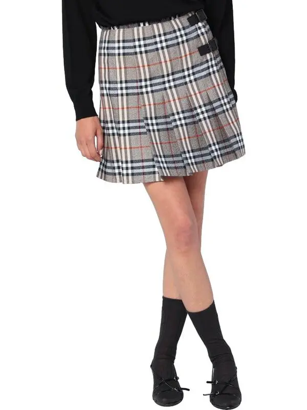 Burberry Wool Check Kilt Skirt - Grey