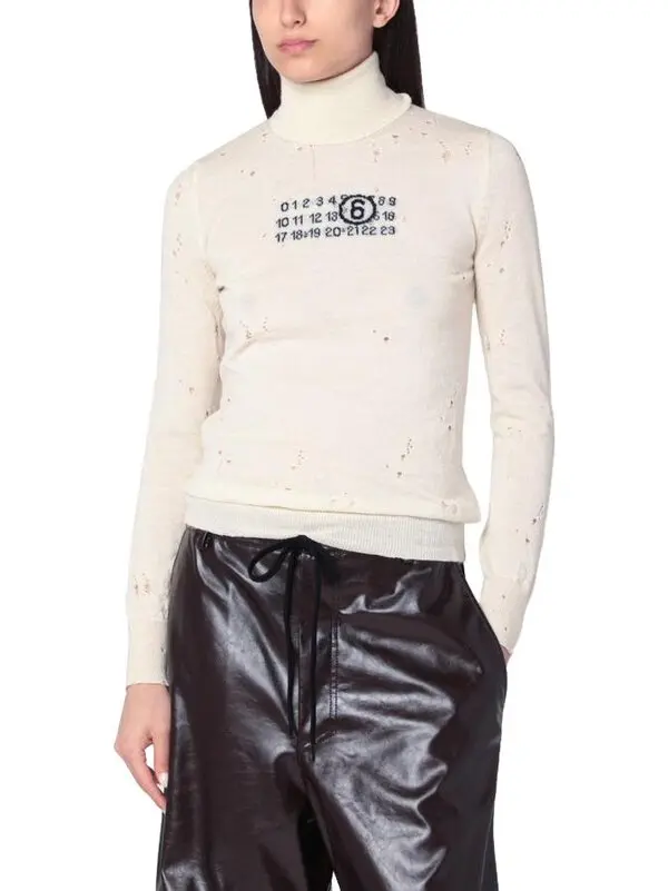 MAISON MARGIELA Distressed Numeric Signature Turtleneck Sweater - White