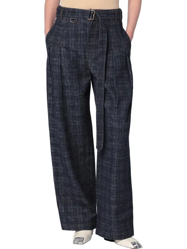 Burberry Check Pattern Denim Wide Leg Jeans - Blue