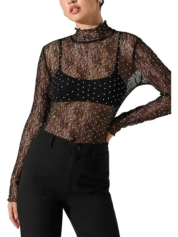 Astr The Label Kyra Lace Mock Neck Top - Black
