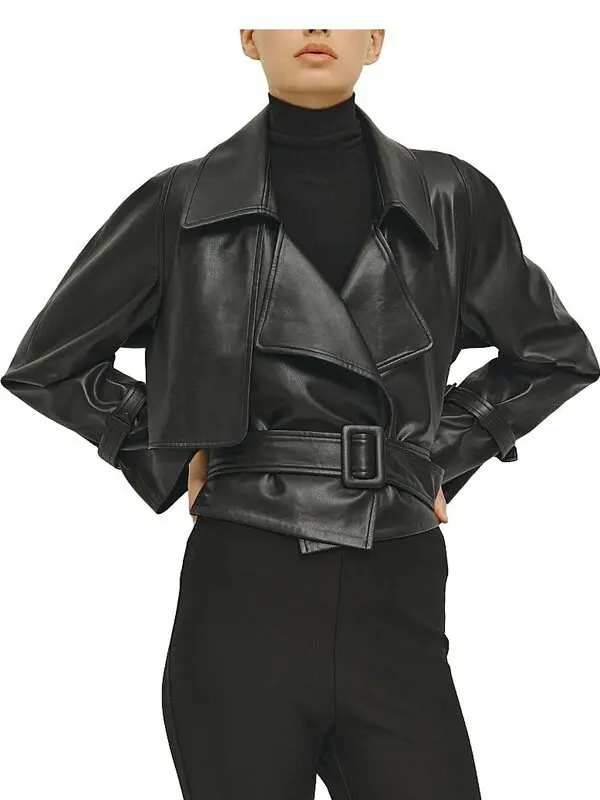 ELODIE THE LABEL Faux Leather Crop Trench Jacket - Black