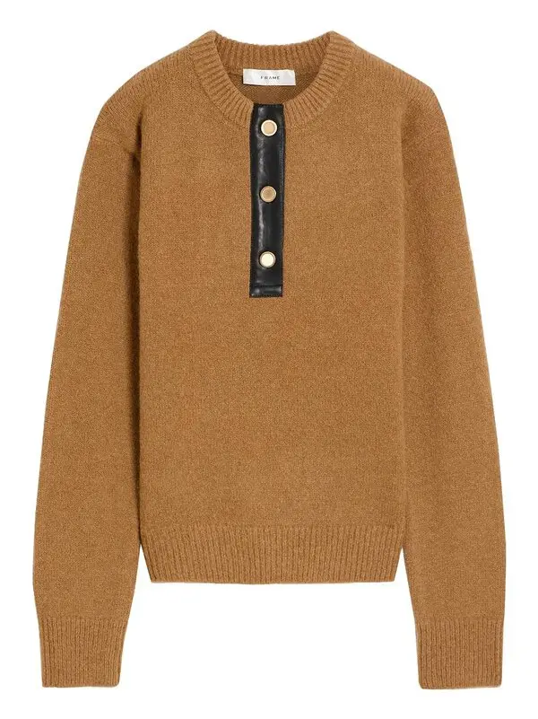 FRAME Leather-trimmed Knitted Sweater - Camel