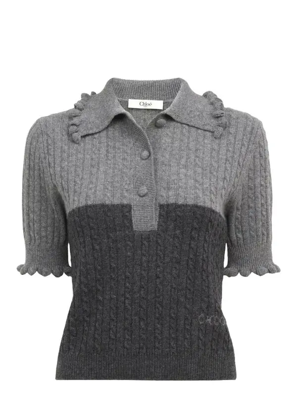 Chloé Cable-knit Polo Top With Ruffled Trim - Grey