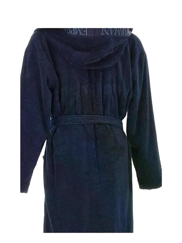 Emporio Armani Hooded Bathrobe With Jacquard Logo - Blue