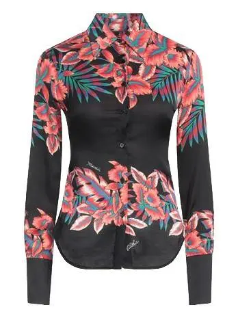 Pinko Satin Shirt With Floral Print And Brand Logo - Black