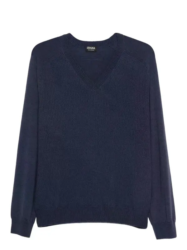 Zegna V-neck Ribbed Knit Sweater - Blue