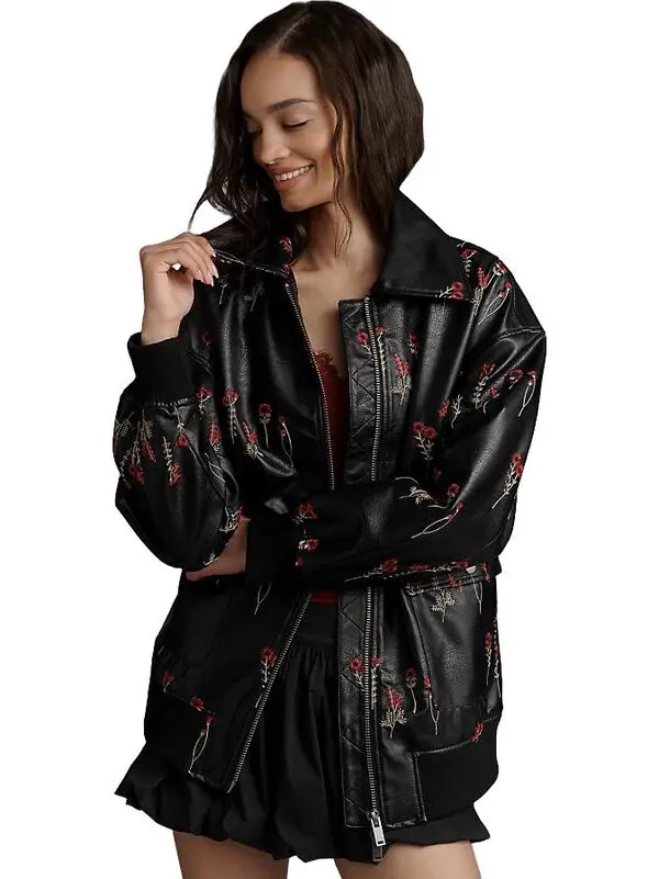 Maeve Faux Leather Floral-embroidered Bomber Jacket - Black Pattern