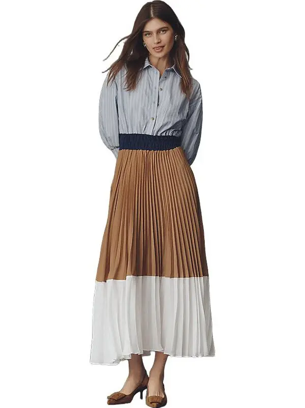 THE SOMERSET COLLECTION BY ANTHROPOLOGIE Colorblock Pleated Twofer Maxi Dress - Blue Pattern
