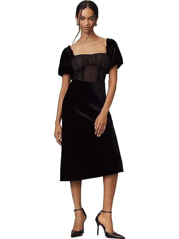 Anthropologie Puff-sleeve Mesh Velvet Midi Dress - Black Onyx