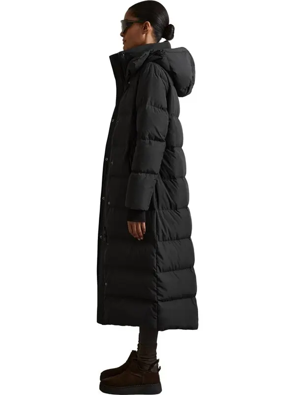 REISS Dalby Petite Longline Hooded Puffer Coat - Black