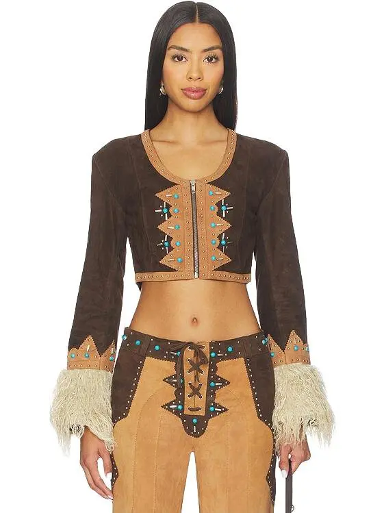 UNDERSTATED LEATHER X Revolve Cropped Embellished Leather Jacket - Brown