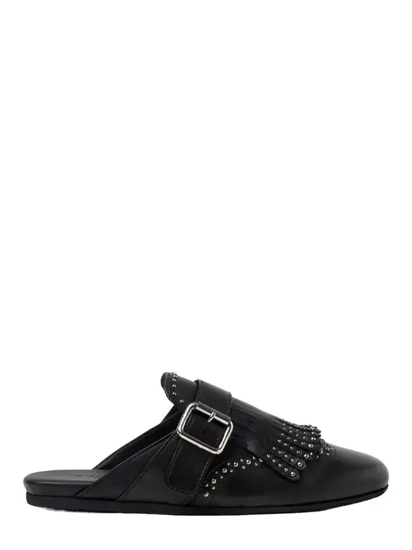 SCAROSSO Gaia Fringed Studded Mules - Black