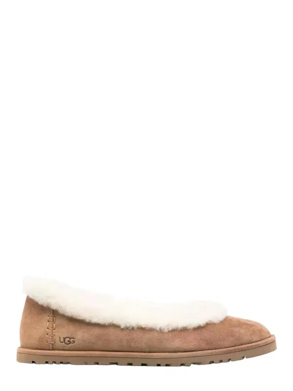 UGG Fur Trim Leather Flat Shoes - Brown