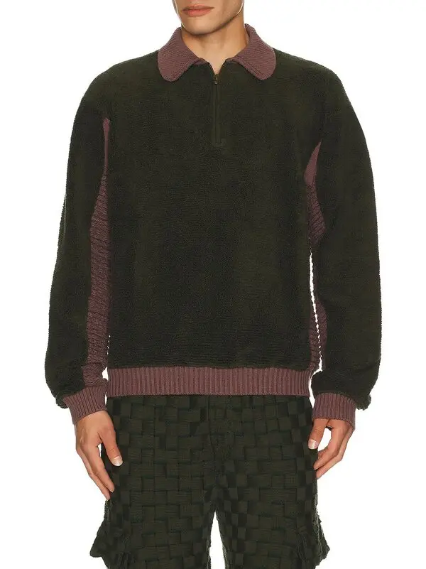 ISA BOULDER Relax Zip Up Polo Sweater - Mauve & Occher Green