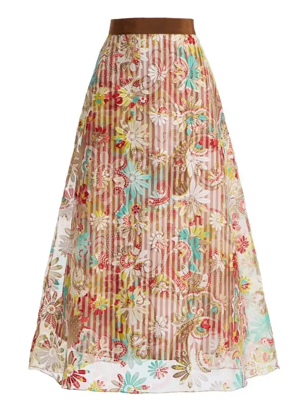 Silvia Tcherassi Nelida Embroidered Organza Midi Skirt - Multi