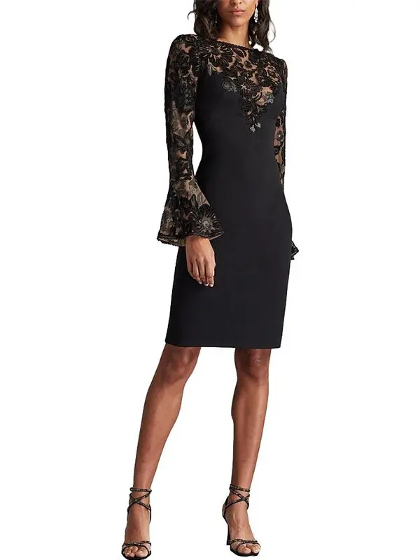 Tadashi Shoji Lou Embroidered Crepe Bell Sleeve Dress - Black