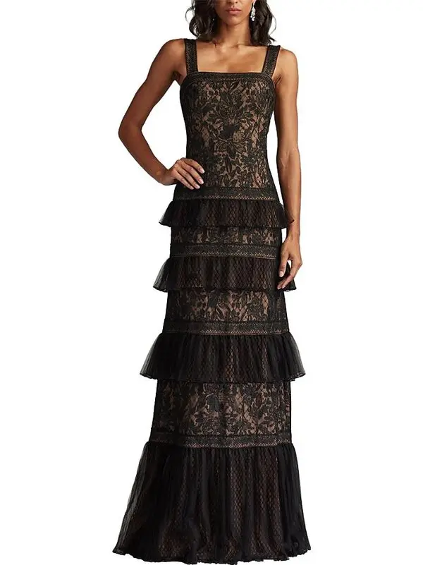 Tadashi Shoji Ruva Tiered Ruffle Embroidered Gown - Black