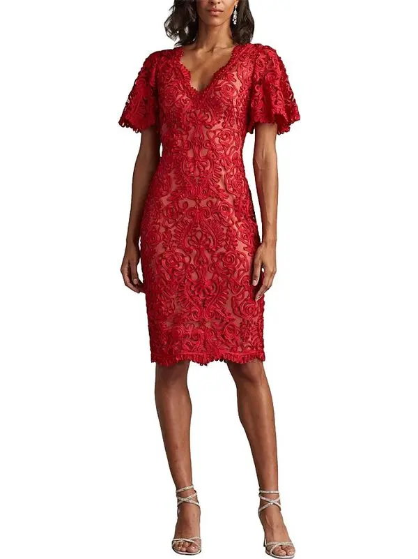 Tadashi Shoji Arnett Embroidered Flutter Sleeve Dress - Red