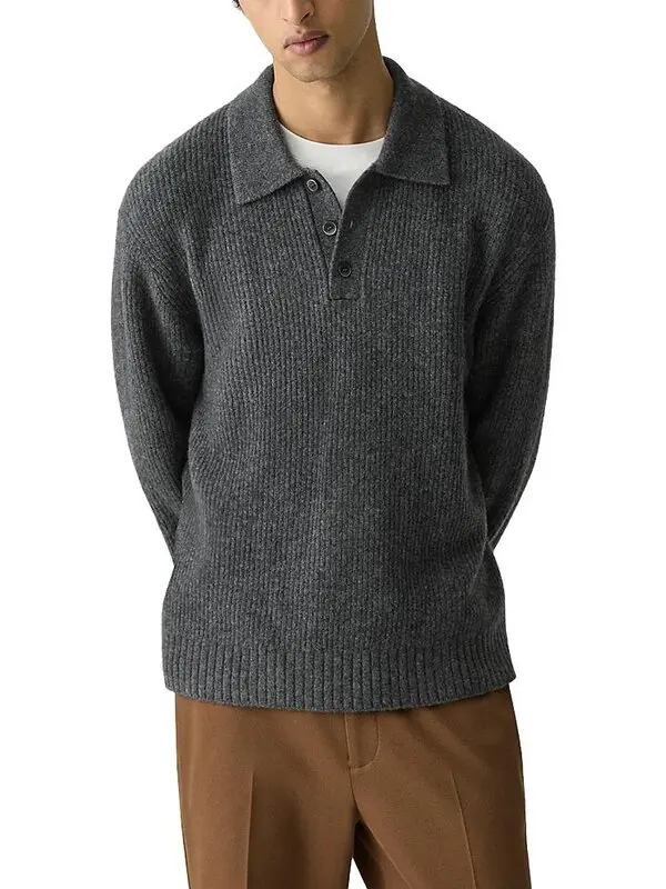 Theory Ribbed Long Sleeve Polo Sweater - Charcoal