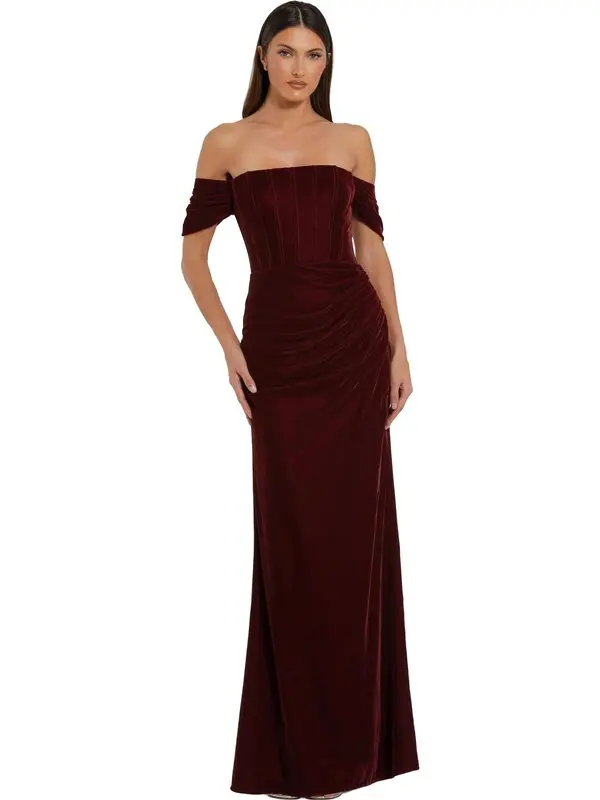 Mac Duggal Off-the-shoulder Velvet Bustier Gown - Wine