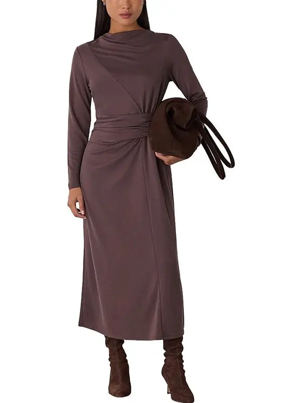 Whistles Petite Ruched Detail Midi Dress - Chocolate
