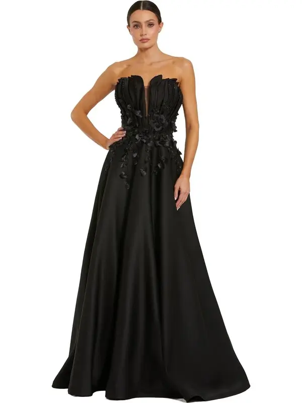 Mac Duggal Strapless Satin Floral Embellished Ball Gown - Black