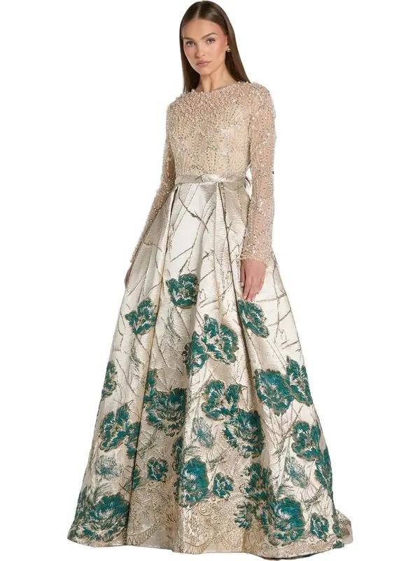 Mac Duggal Floral Brocade Embellished Ball Gown - Champagne Teal