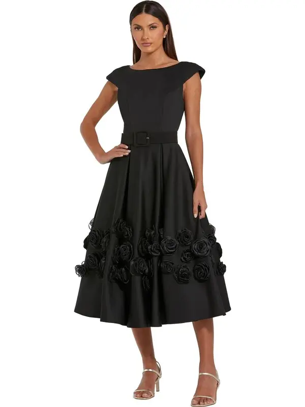 Mac Duggal Satin A-line Midi Dress With 3d Floral Appliqués - Black