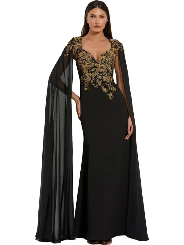 Mac Duggal Embellished Column Gown With Chiffon Cape Sleeves - Black Gold