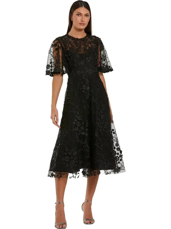 Mac Duggal Floral Embroidered Mesh Midi Dress - Black