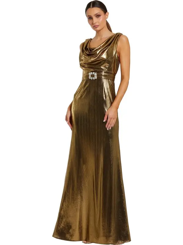 Mac Duggal Metallic Sleeveless Cowl Neck Trumpet Gown With Belt - Antique Gold