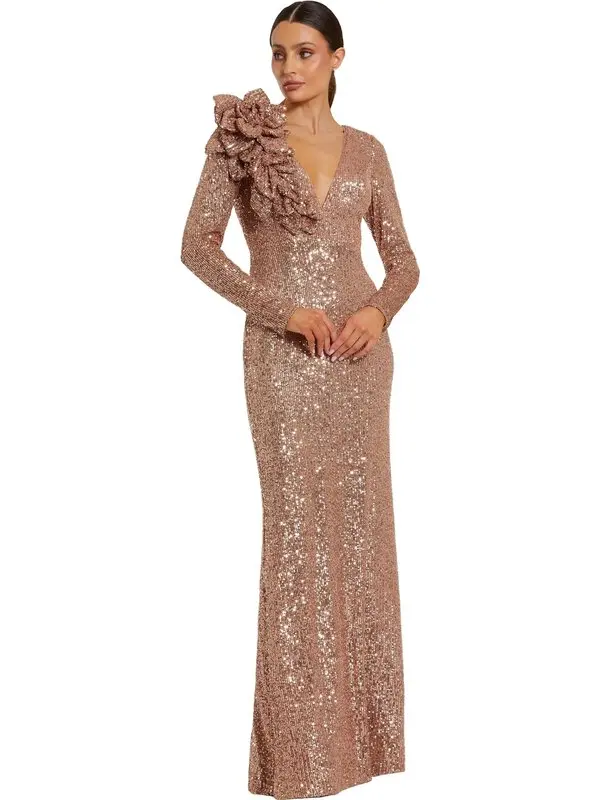 Mac Duggal Long Sleeve Sequin Gown With Floral Detail - Copper