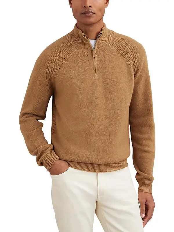 REISS Half Zip Wool Cashmere Sweater - Camel