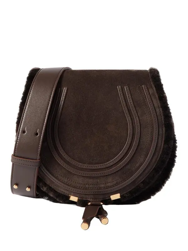 Chloé Marcie Leather-trimmed Suede And Shearling Shoulder Bag - Brown