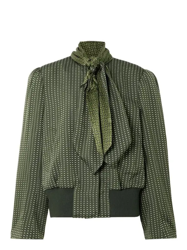 Dries Van Noten Tie-neck Printed Satin-trimmed Twill Bomber Jacket - Green