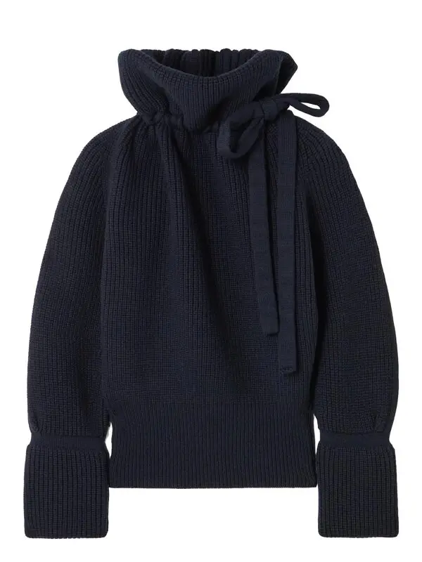 Dries Van Noten Tie-detailed Ribbed Wool Turtleneck Sweater - Blue