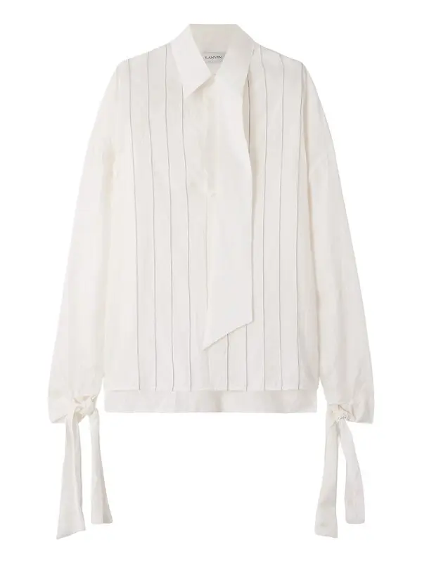 LANVIN Scarf-detailed Embroidered Silk-twill Shirt - White