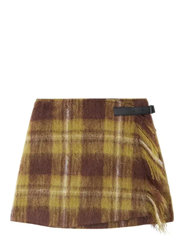 Loewe Leather-trimmed Checked Mohair And Wool-blend Mini Wrap Skirt - Brown