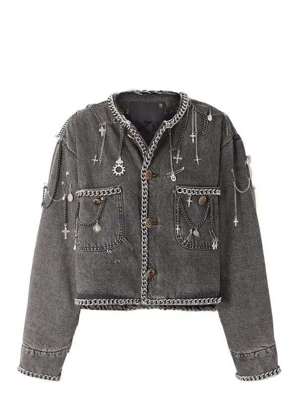R13 Cropped Embellished Denim Jacket - Gray
