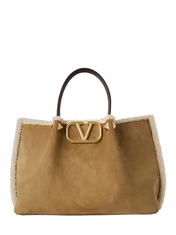 Valentino Garavani Vlogo Medium Leather-trimmed Embellished Suede Shoulder Bag - Brown