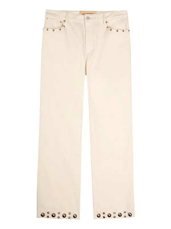 Valentino Garavani Stud-embellished Straight-leg Cotton Jeans - Cream
