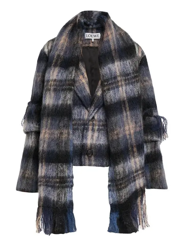 Loewe Check Alpaca Fringe Scarf Jacket - Blue/multi