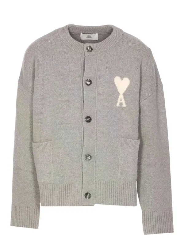 Ami Embroidered Logo Button Cardigan - Grey