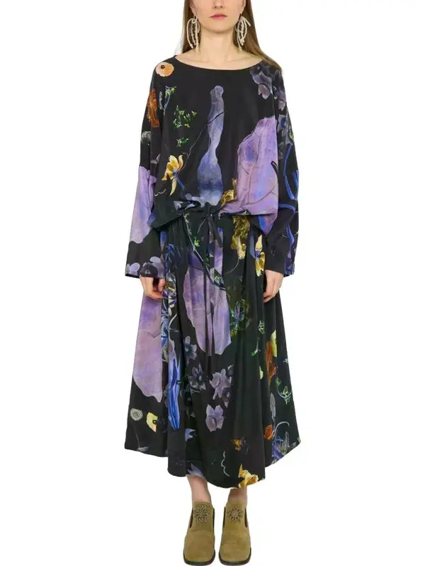 ANNTIAN Floral-print Drawstring Silk Midi Dress - Purple
