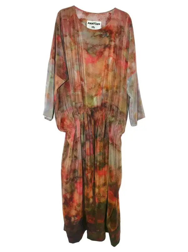 ANNTIAN Print Drawstring Midi Dress - Brown