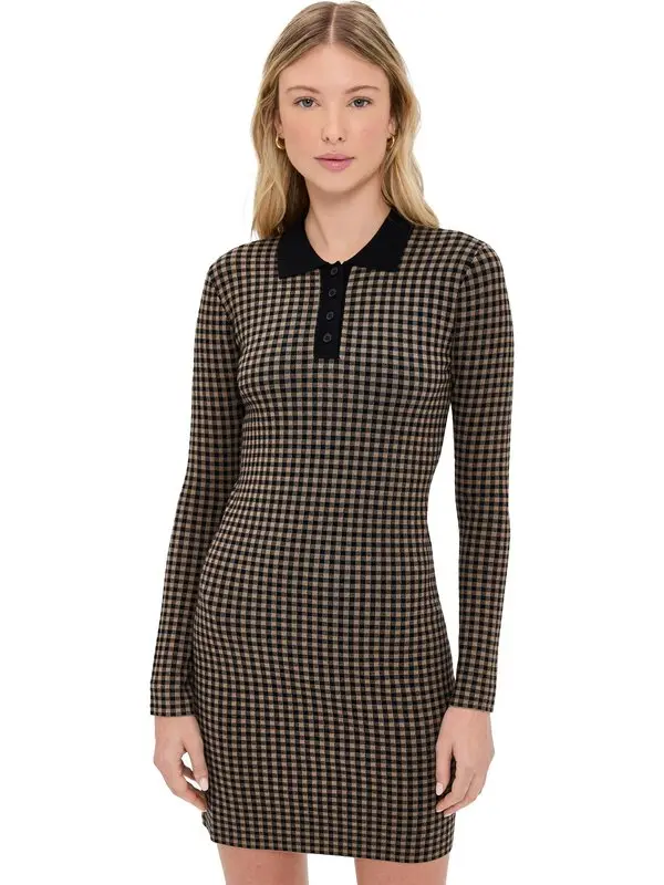 LE BOP Gingham Knit Polo Mini Dress - Chocolate/black
