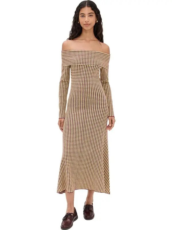 LE BOP Gingham Knit Off-shoulder Midi Dress - Burgundy/citrine