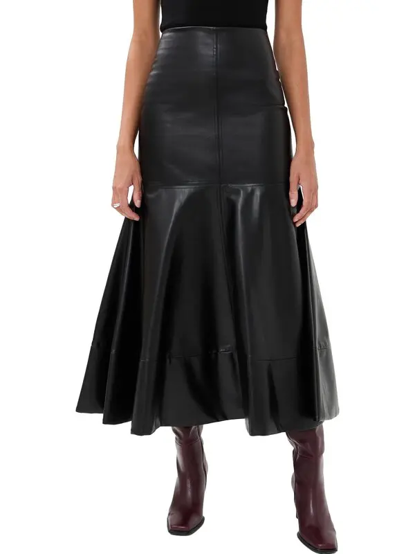 A.W.A.K.E. Mode Faux Leather Flared Hem Skirt - Black